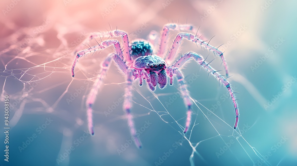 Floating oversized spider with softly glowing webs in a pastel vignette ...