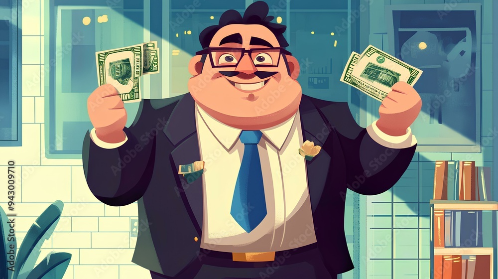 2D cartoon flat character of fat man holding money Stock Illustration ...