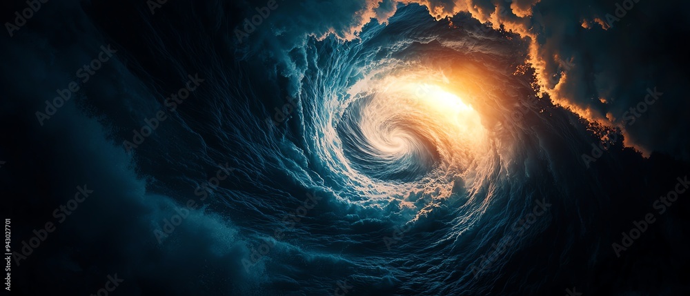 Mighty cyclone spinning over a turbulent ocean, the eye calm and ...