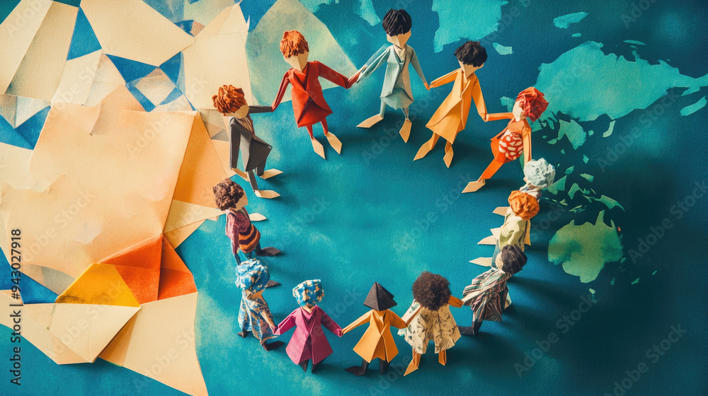 Paper people in different outfits hold hands around a globe on a blue ...