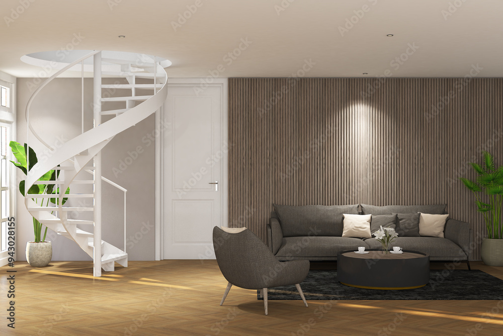 3d render of minimal white spiral stair case in living room. Wood ...