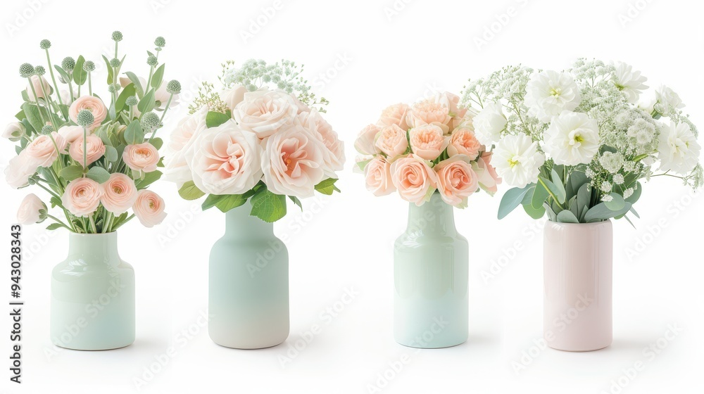 Four vases of different colors and sizes, each containing a different ...