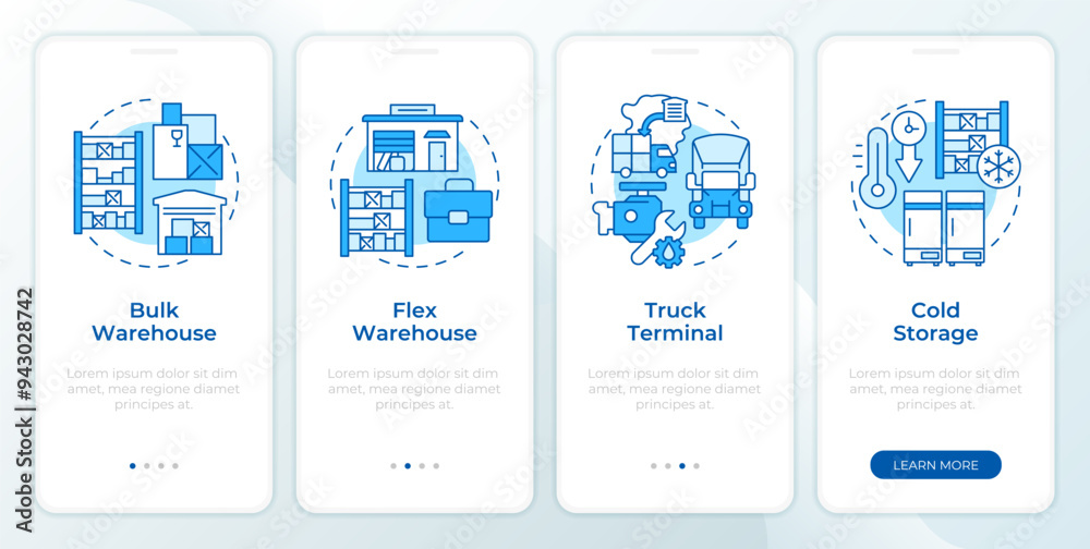 Industrial buildings types blue onboarding mobile app screen ...