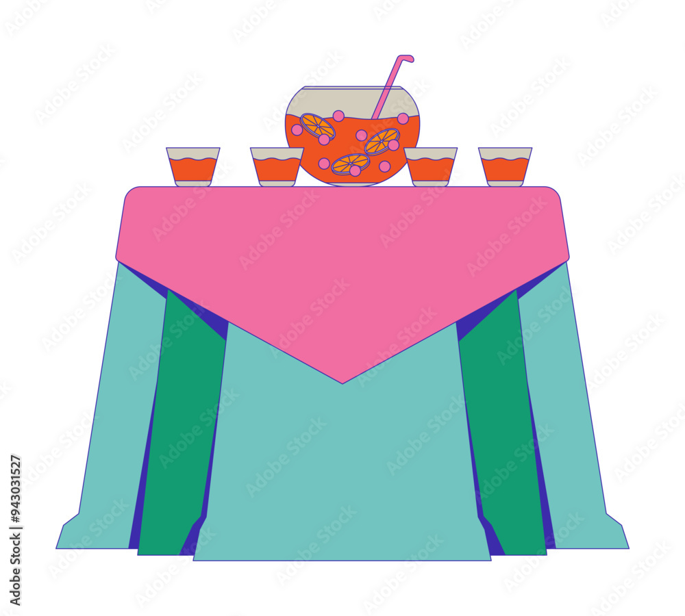 Prom party table punch bowl ladle cups 2D cartoon object. Beverage ...
