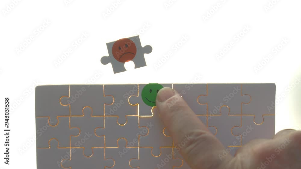 Puzzle with a green smiley face assembled and a red sad face piece ...