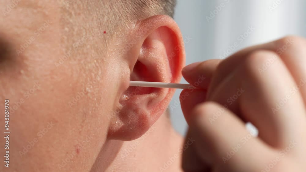 A guy cleans his ears from earwax with a cotton swab. Human ear close ...