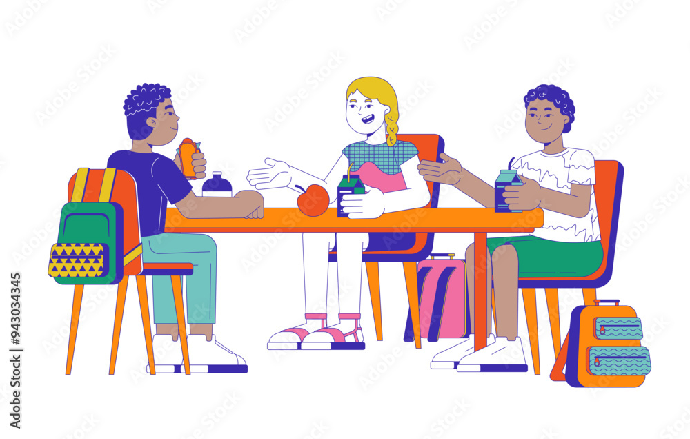 Diverse kids eating lunch together 2D cartoon characters. Pre-teen girl ...