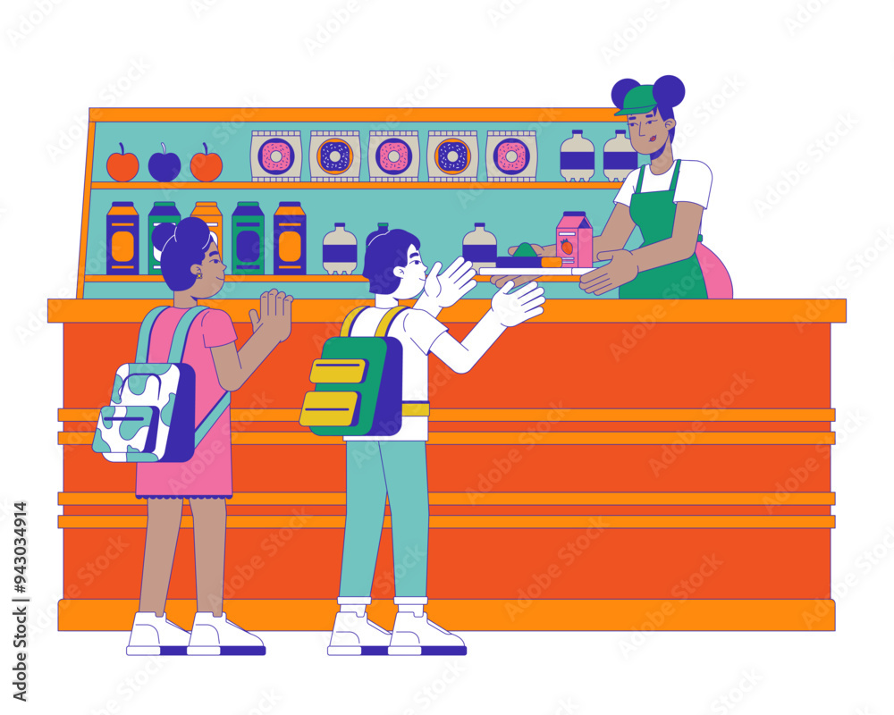 Lunch lady canteen snack bar with hungry kids 2D cartoon characters ...