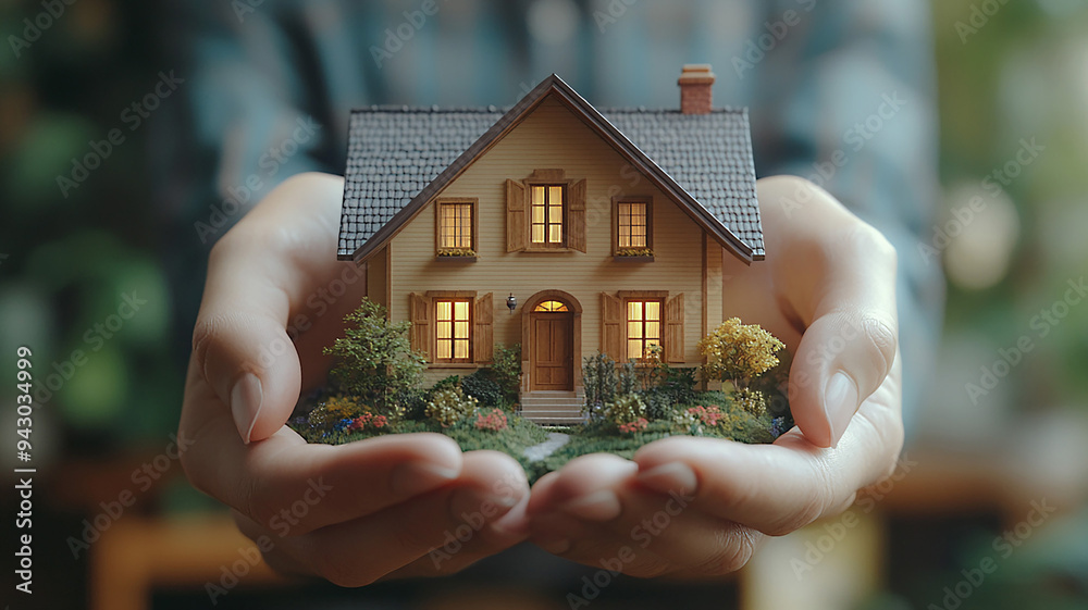 Insurance professional handling a home insurance claim, house model ...