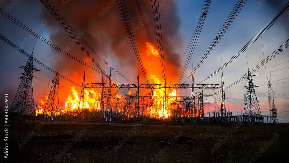 Fire at a high-voltage station. Concept: crisis in the power system due ...