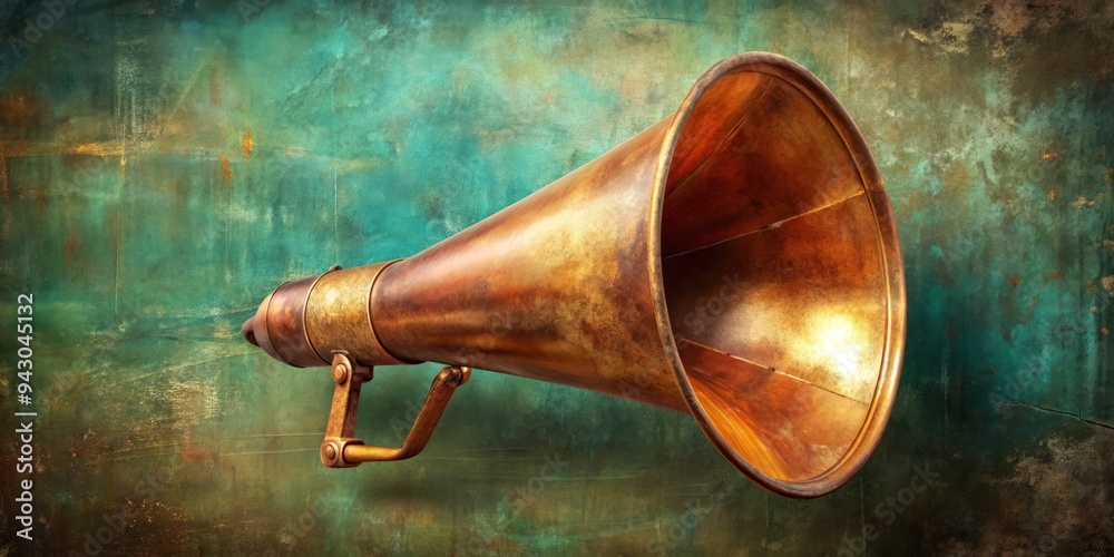 A photo image of a vintage-style megaphone with copper accents, rusty ...