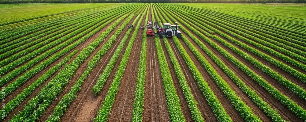 Aerial view of an industrial farm with rows of crops and machinery ...