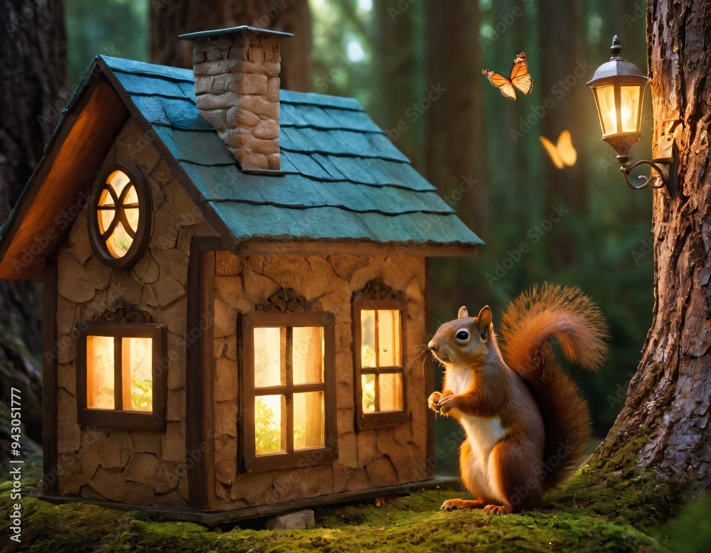 Squirrel (Sciurus vulgaris) near Fantasy house in pine tree with ...