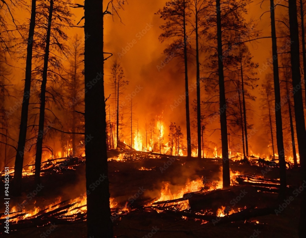 Forest fire disaster, trees burned at night, natural destruction of ...