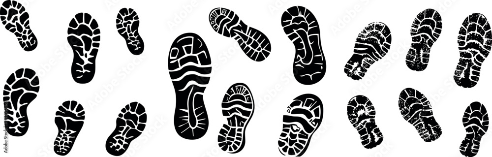 Footprints of two people wearing different shoes. Traces of bare feet ...