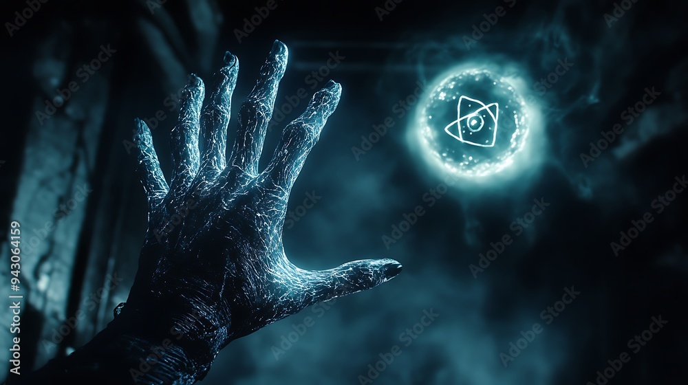 Alien Hand Reaching for Glowing Orb in Dark Space - Close-up of ...