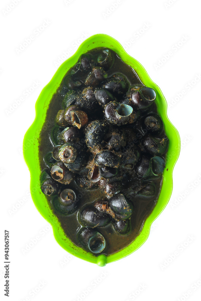 A bowl filled with cooked river snails (tutut) in a spicy sauce. Tutut ...
