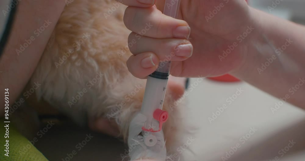 Close-up of a veterinarian injecting medication into an intravenous ... Close-up of a veterinarian injecting medication into an intravenous ...