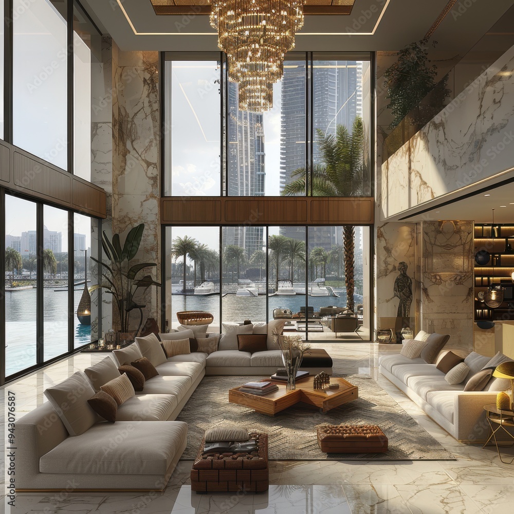 Modern luxury living room with high ceilings showcasing elegant design ...