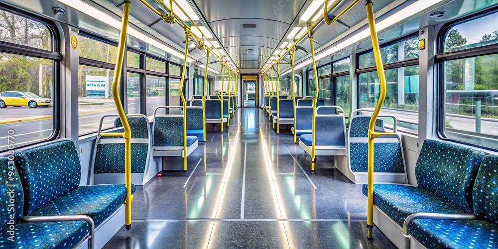 Sparkling clean modern bus or tram interior with shiny floors and ...