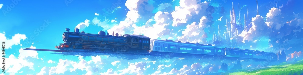 Surreal Flying Train: Whimsical Anime-Style Illustration of Railway ...