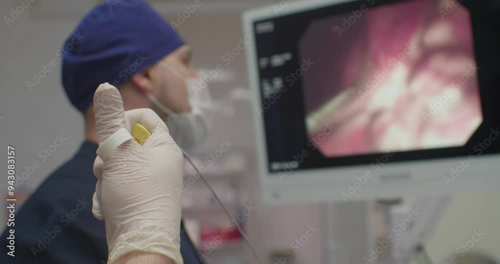 A doctor stares at a monitor during an endoscopy. An assistant holds ...