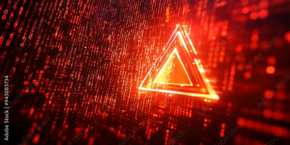 Abstract red digital background with an orange exclamation sign and warning triangle symbol on a ...