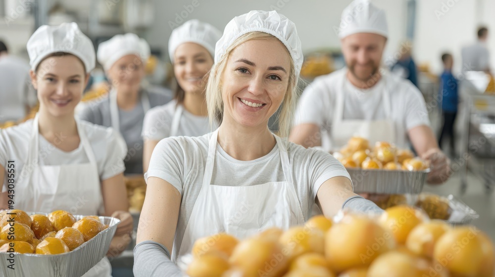 Happy bakers presenting fresh pastries in a bright bakery. Teamwork and ...