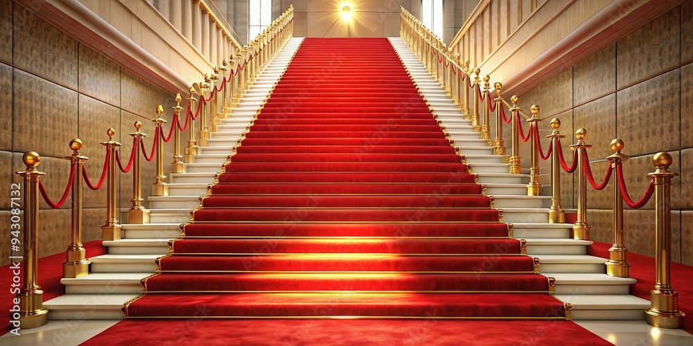 Luxurious red carpet staircase with golden stanchions leading to a ...