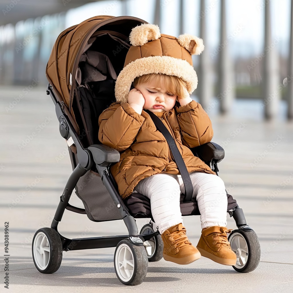 Crying toddler sitting in a stroller, upset and feeling restrained ...