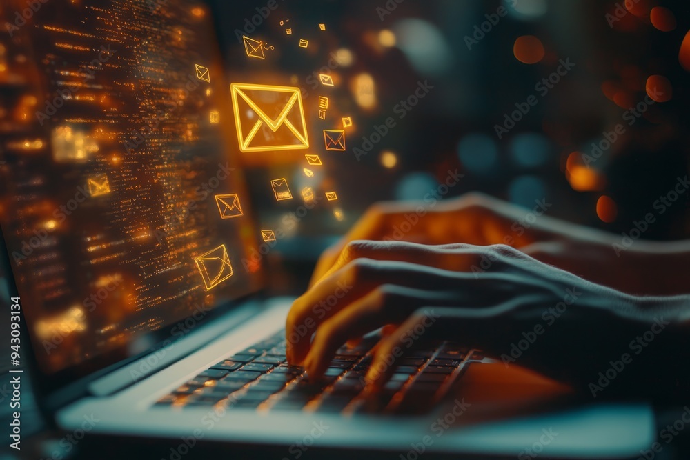 A person is typing on their laptop, with multiple mail icons floating ...
