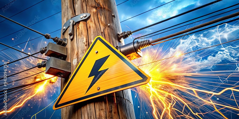 Warning signs and barricades surrounding damaged electrical pole with ...
