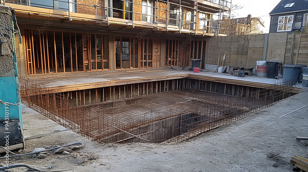Construction site with a deep foundation pit featuring exposed rebar ...