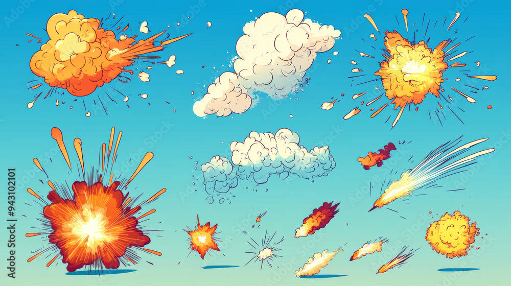 ภาพประกอบสต็อก Cartoon explosion and spark effects set. Vector ...