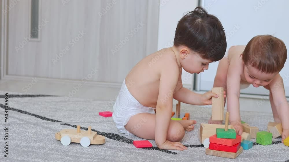 baby boy and kid in diaper walking in room,playing with wooden blocks ...