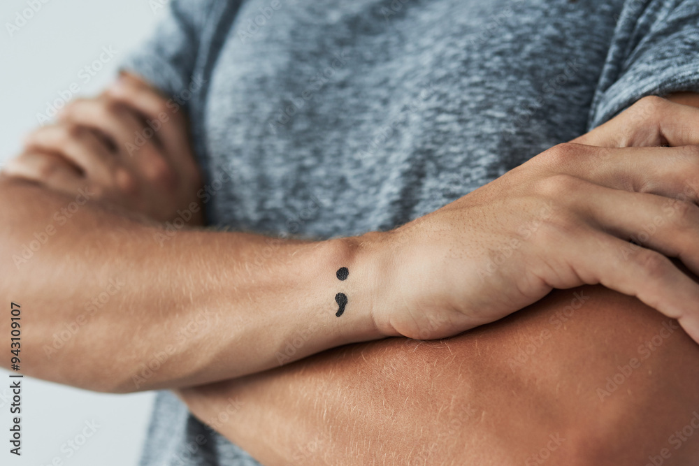 Mental health, semicolon tattoo or person with arms crossed for ...