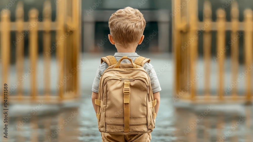 Crying child with a backpack, standing alone at a school gate ...