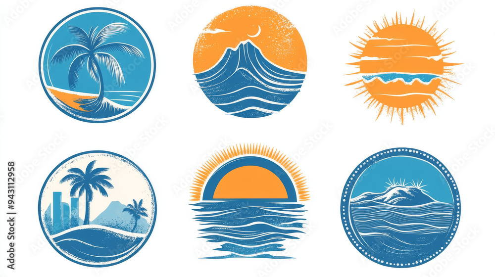 Summer, travel, and vacation badges in blue and orange, featuring ...