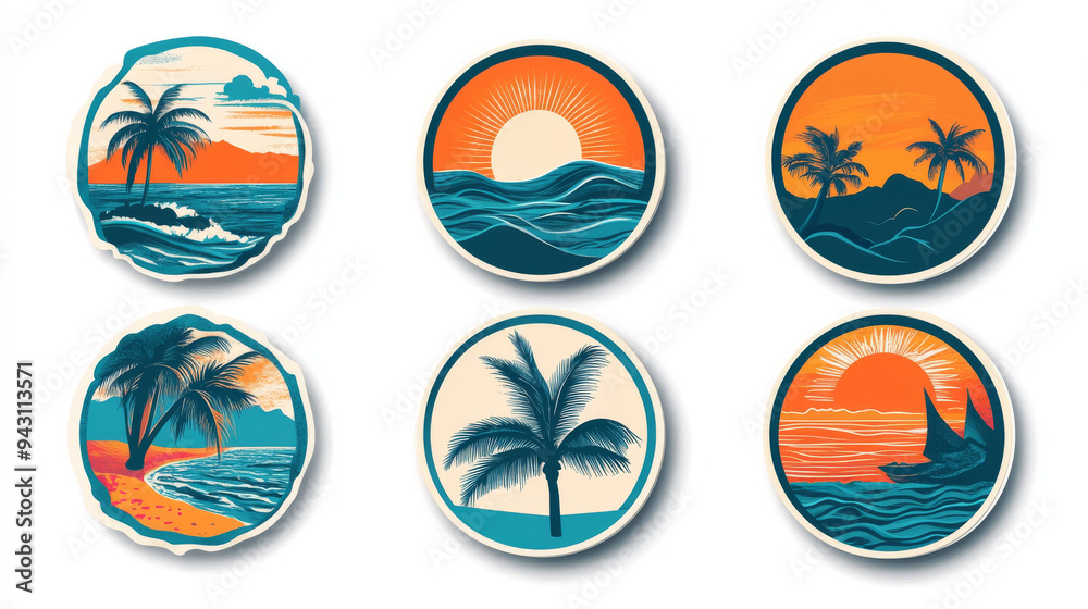 Summer, travel, and vacation badges in blue and orange, featuring ...