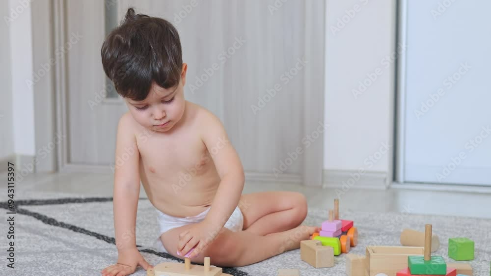 baby boy and kid in diaper walking in room,playing with wooden blocks ...
