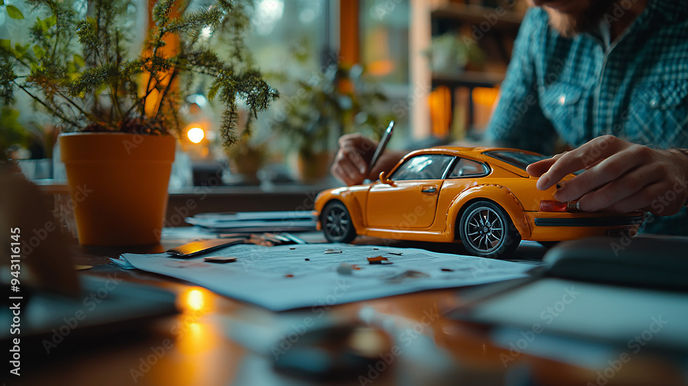 Insurance adjuster meticulously evaluating a car insurance claim, with ...