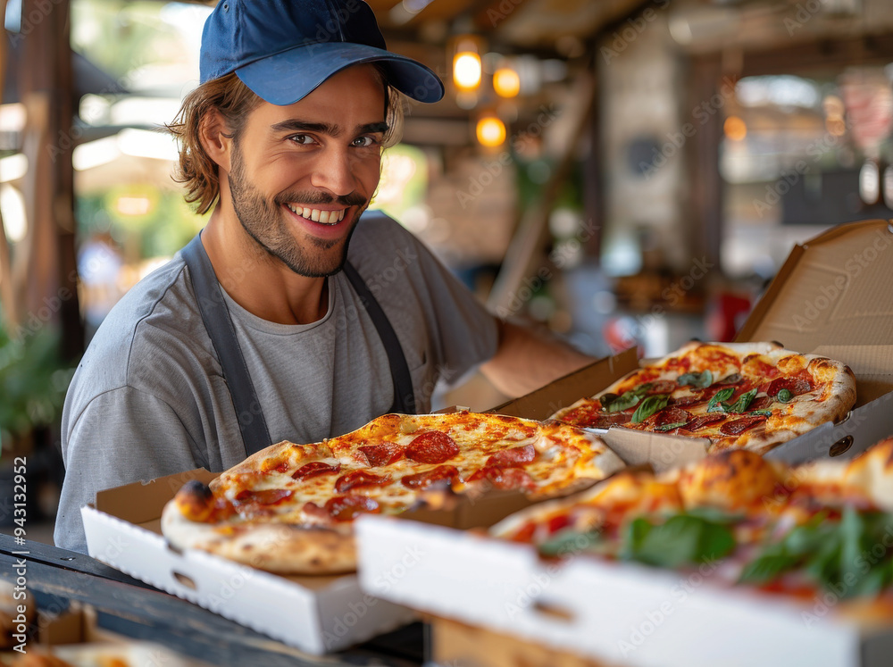 Young pizza delivery man hands over fresh pizzas to smiling customer at ...