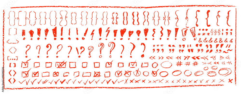 Set of children hand drawn crayon text symbols. Collection of red color ...