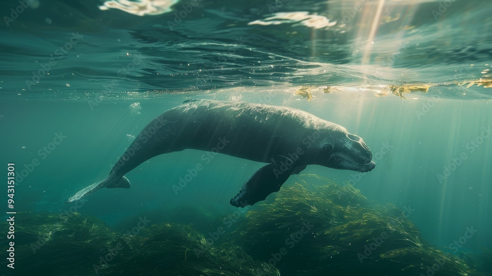 A seal swims gracefully underwater with sunlight streaming through ...