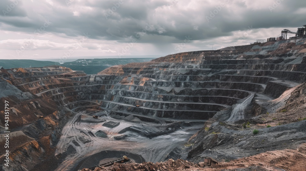 A vast open-pit mine stretches wide under cloudy skies, the terraced ...
