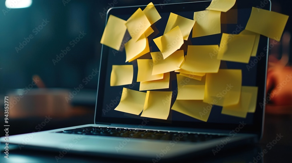 Laptop screen covered with sticky notes, representing a busy work ...