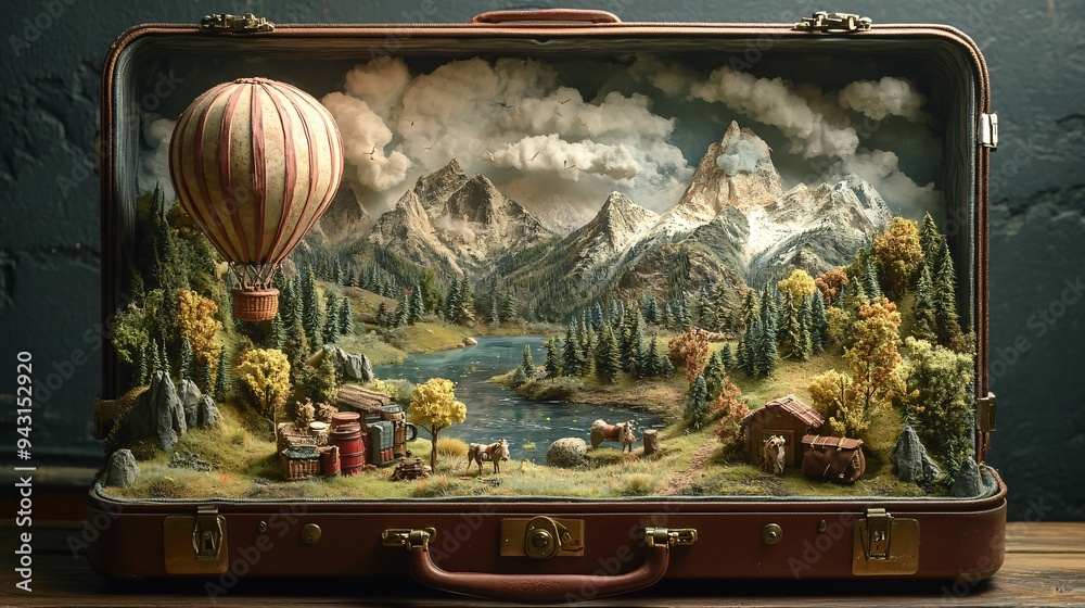 Frontal view of an open suitcase revealing a detailed forest diorama ...