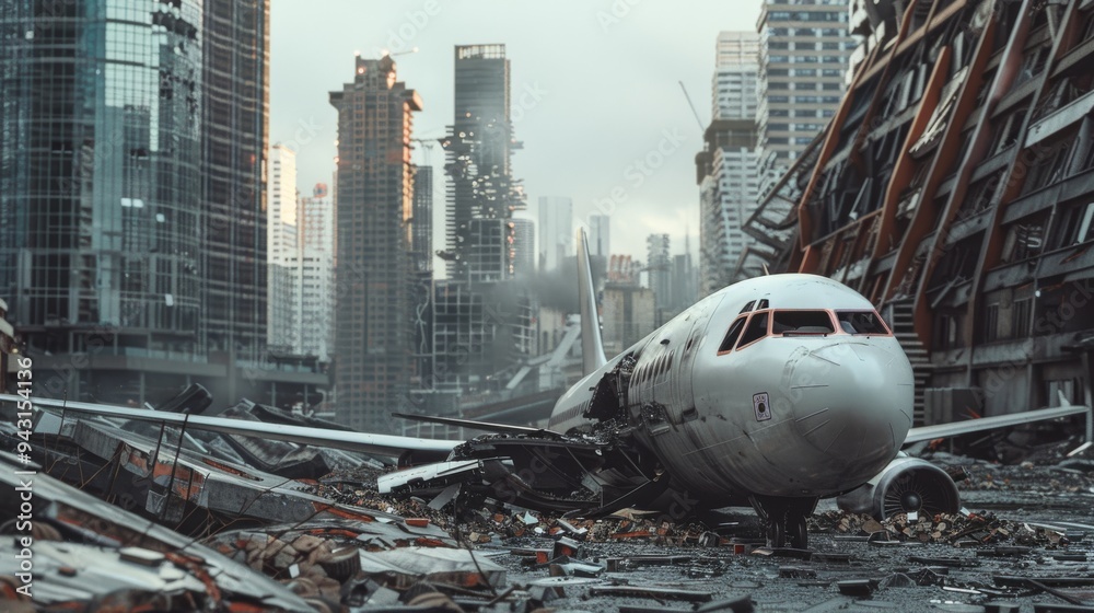 A commercial airplane wreckage lays amidst the ruins of a desolate ...