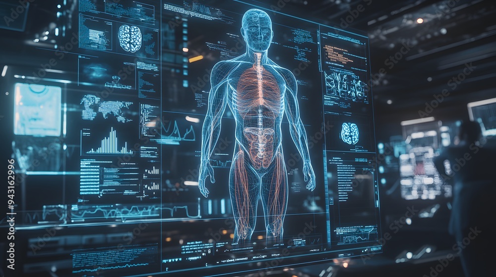 12. **Create an image of a holographic human body with real-time data ...