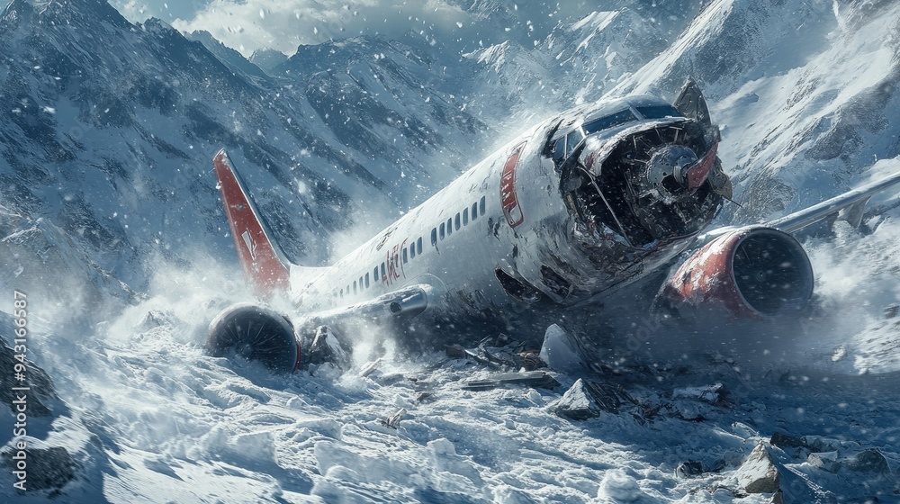 An intense crash scene with a plane in a snowy environment. The image ...